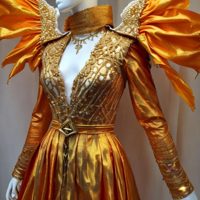 A mute gold dress on a mannequin, wooden dragon horn...