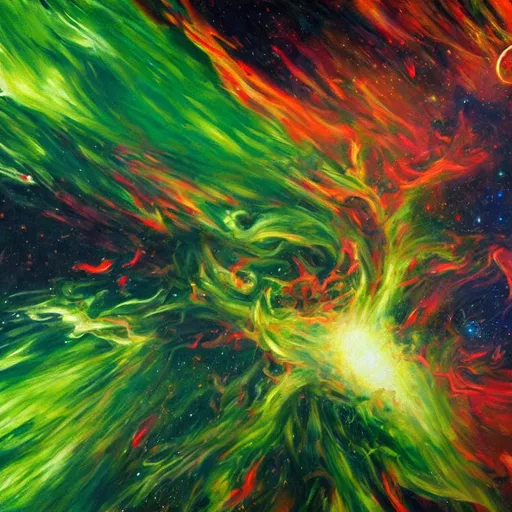 Painting of cosmic demon engulfed in vibrant green h... | OpenArt