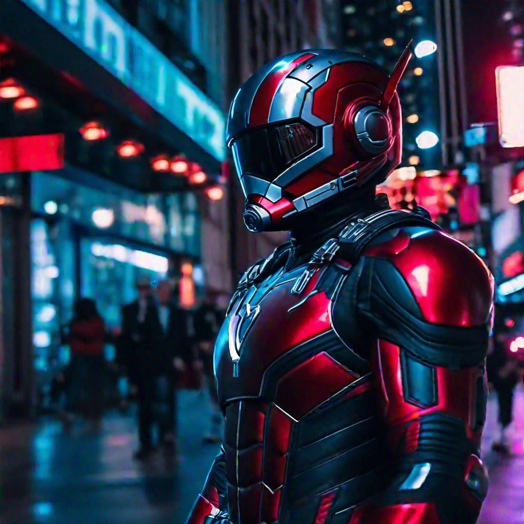 Close-up shot of Antman cyberpunked as superhero wit...