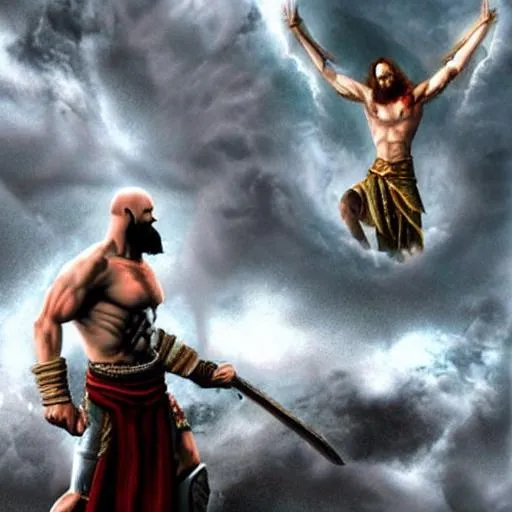 Kratos VS Jesus in the clouds.