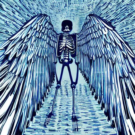 Walking skeletons in bright blue with angel of death...