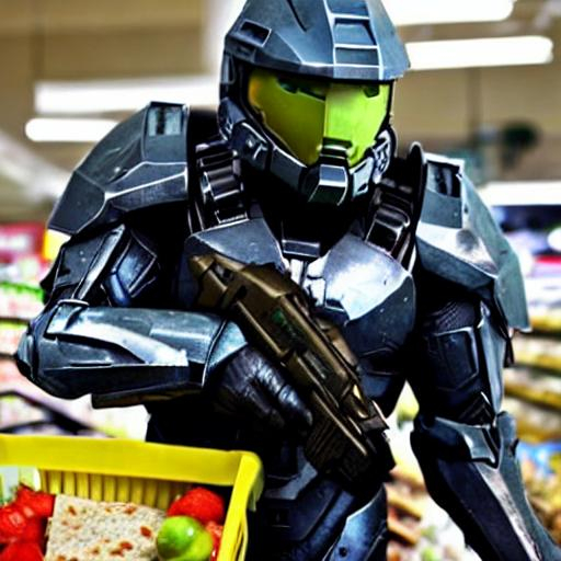 Master chief stealing food from the grocery store | OpenArt