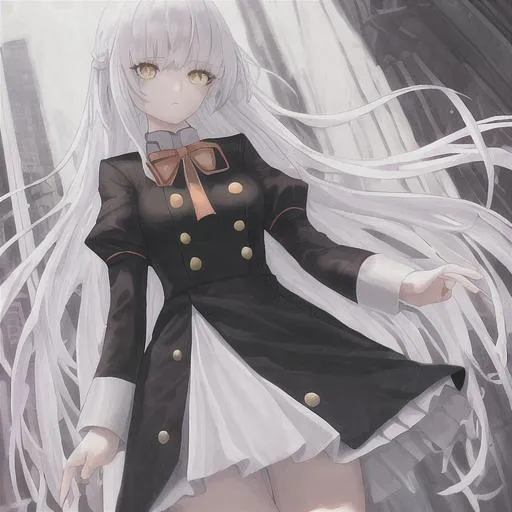 Young Girl Amber Eyes Uniform Dress White Lond Hair