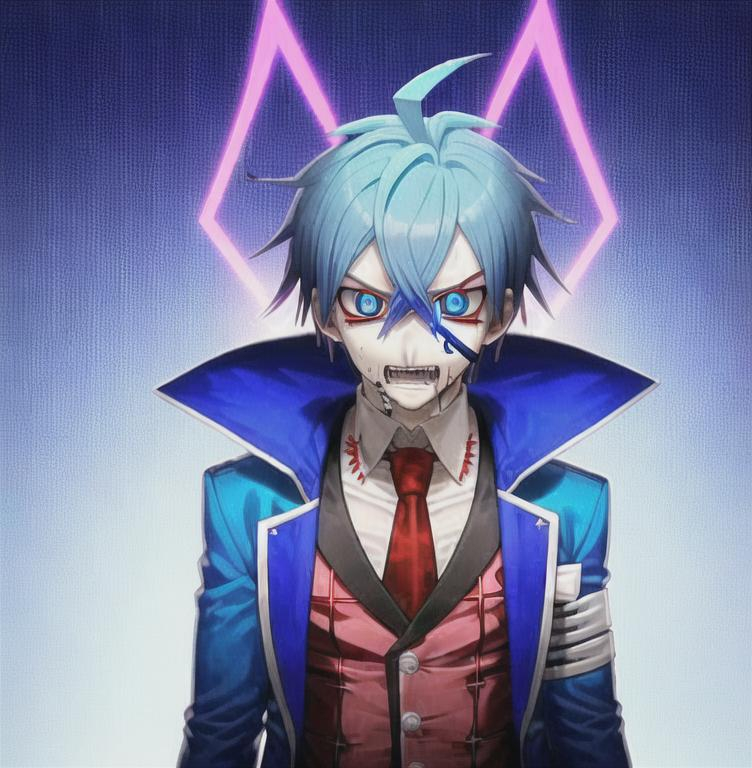 A blue haired Danganrompa mastermind boy with blood... | OpenArt