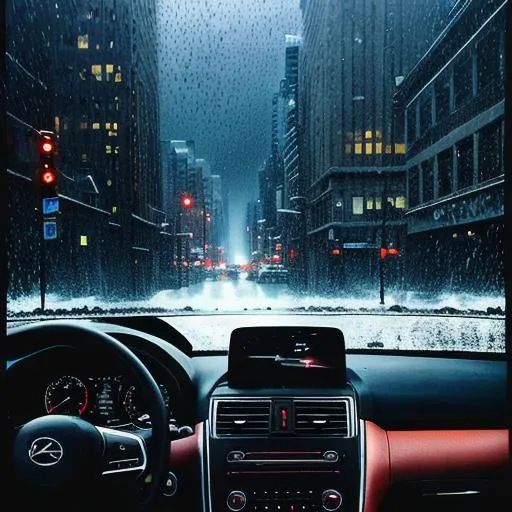 View from the window of a car, night, rainy street,... | OpenArt