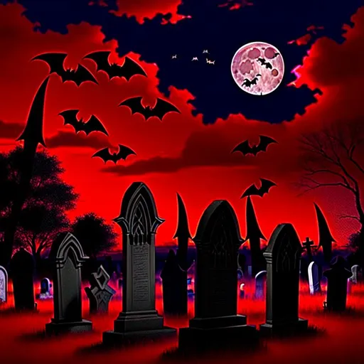 highly detailed realistic gothic graveyard at midni...