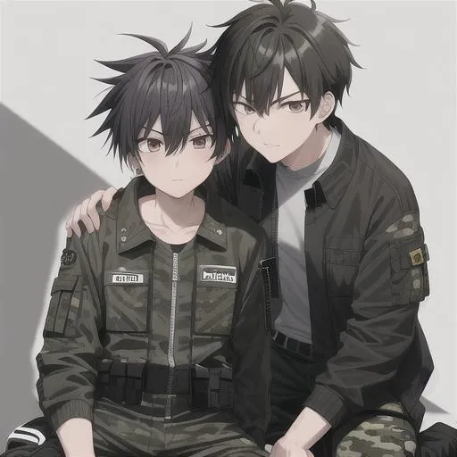 Yuichi 1male. {{Black spiky hair}} Wearing a camoufl... | OpenArt