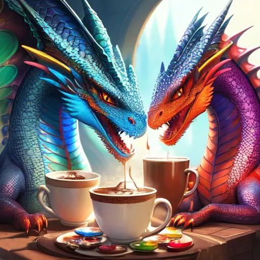 Colorful dragons drinking hot chocolate, and a cute... | OpenArt