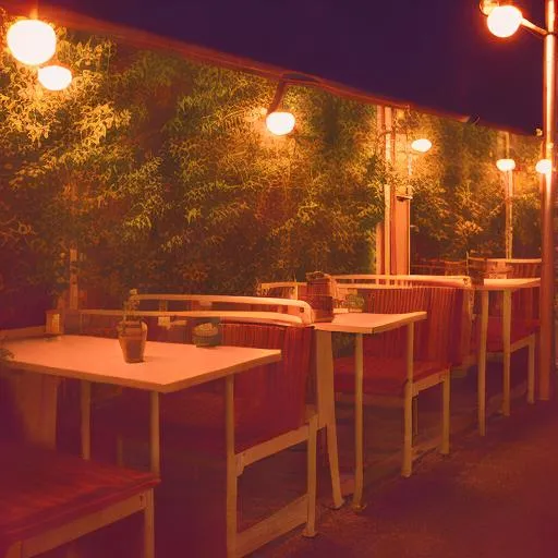 An open-air cafe at night