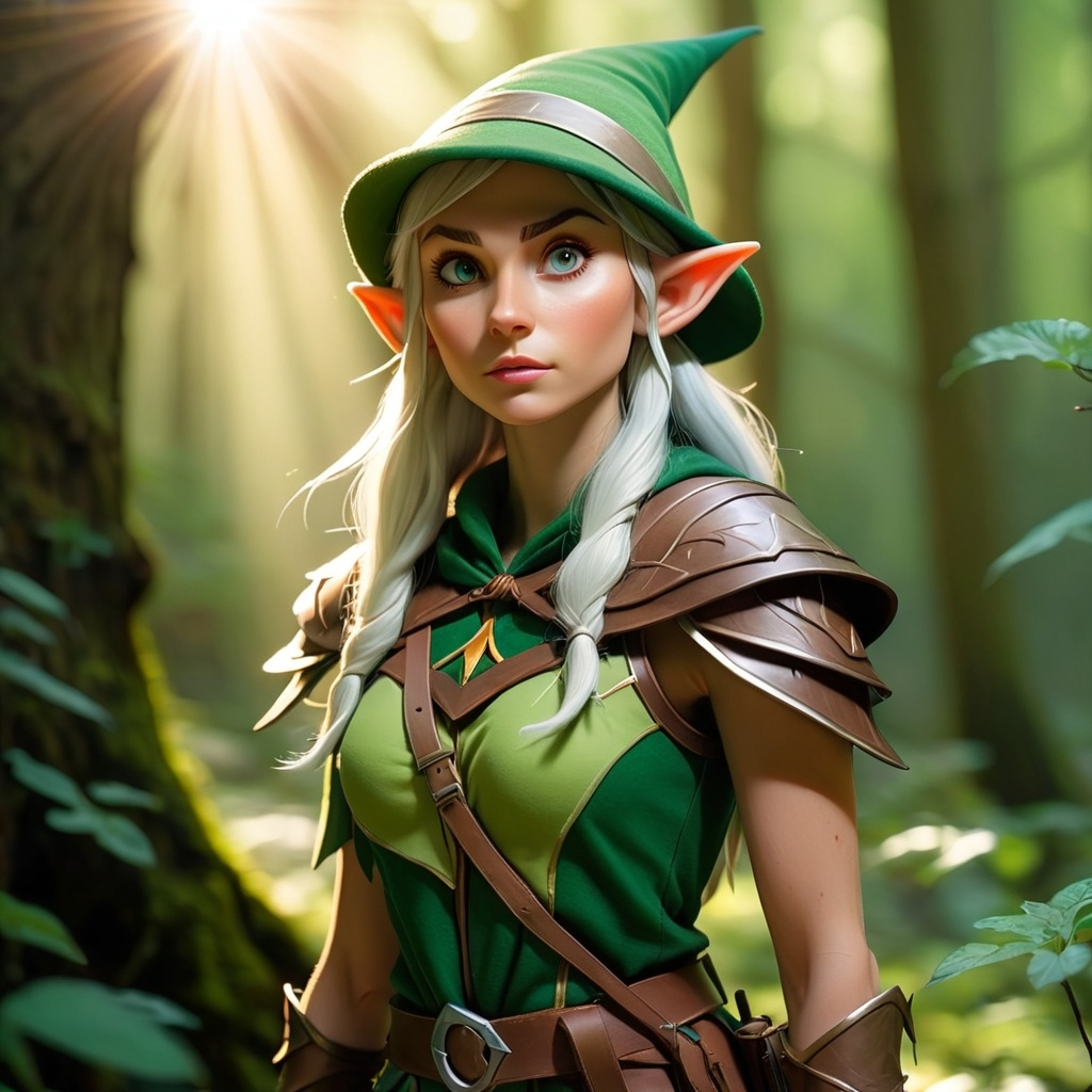 Elf ranger in a mystical forest around sunlight