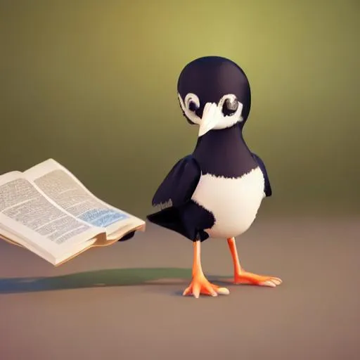 Tiny cute magpie toy, reading a book, standing chara... | OpenArt