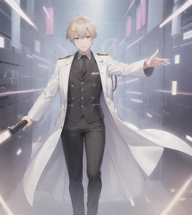 man in uniform wearing a white lab coat sleeves roll...