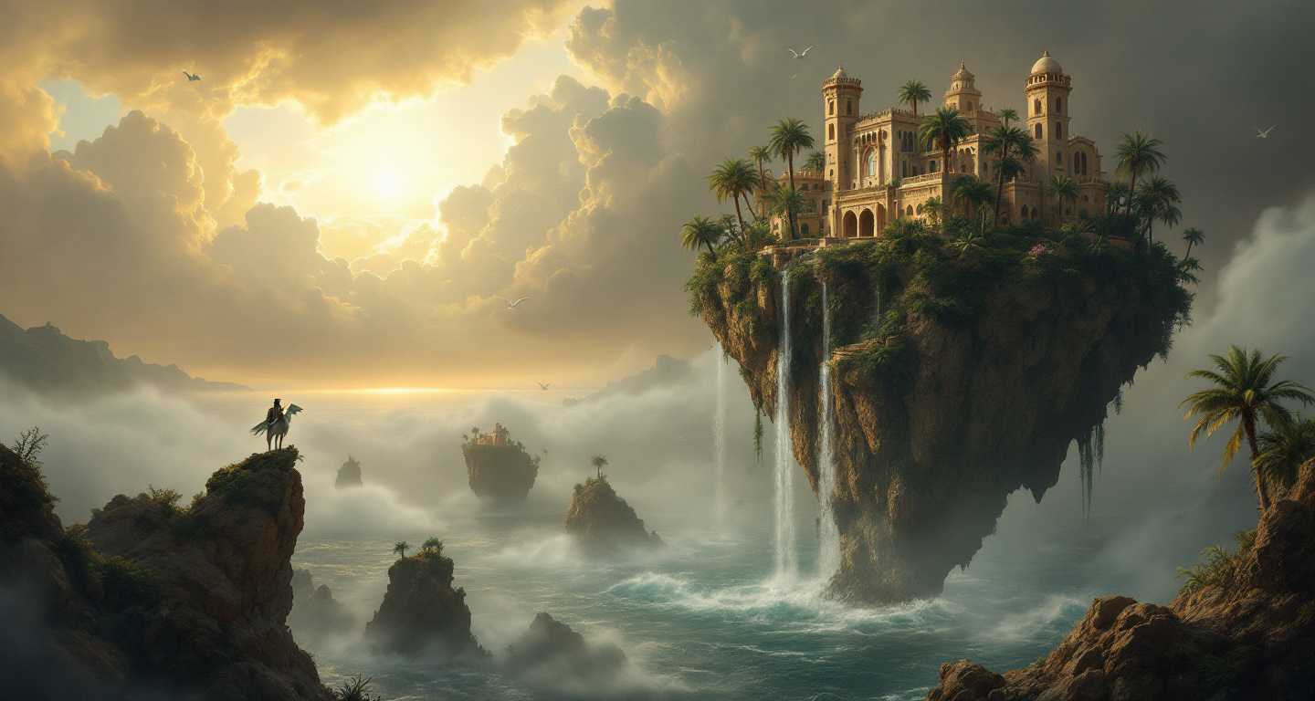 An Arabian fairytale palace perched atop a rocky cli...