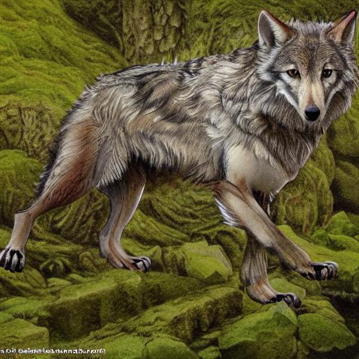 insanely detailed greek wolf, moss growing over paws... | OpenArt