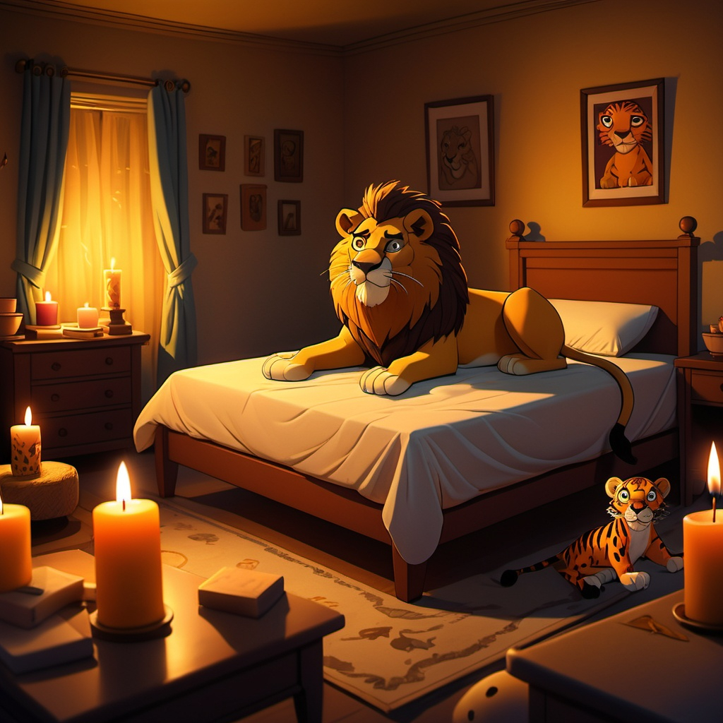 A cartoon male lion enters a dimly lit bedroom. He s...