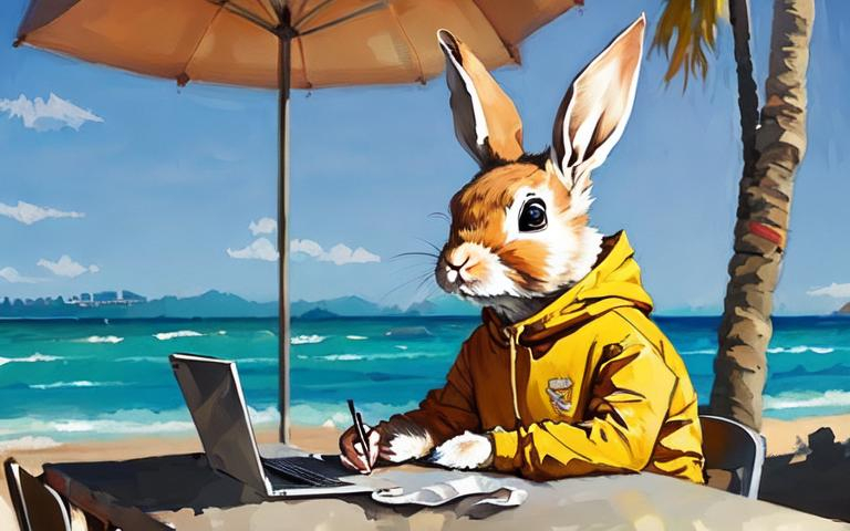 anthropomorphic rabbit doing computer work in beach...