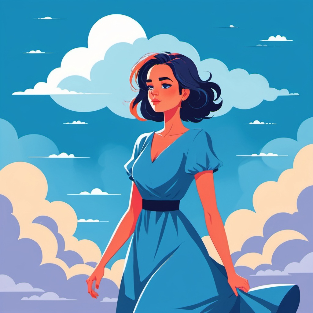 2d flat art, a woman in a BLUE dress, vector art, cl...
