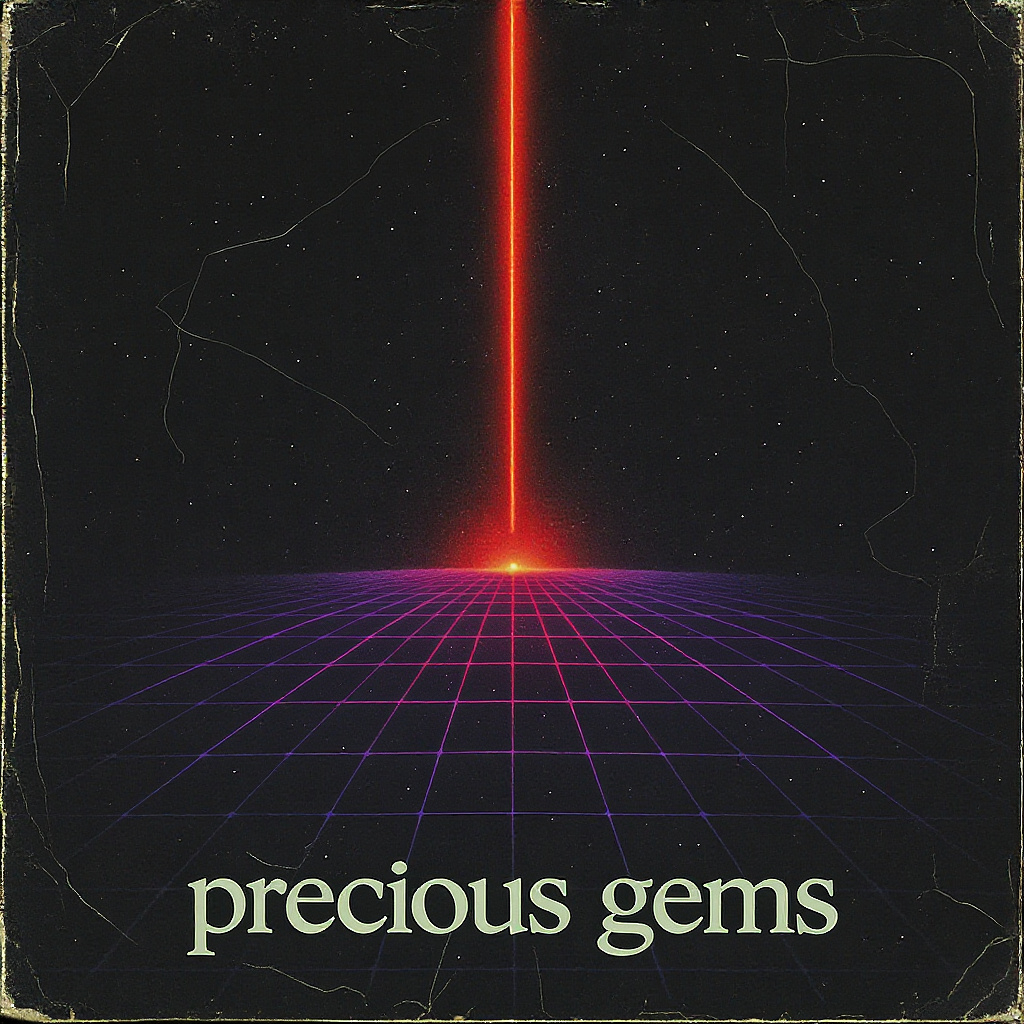 80s dark synth album cover that says "precious gems"