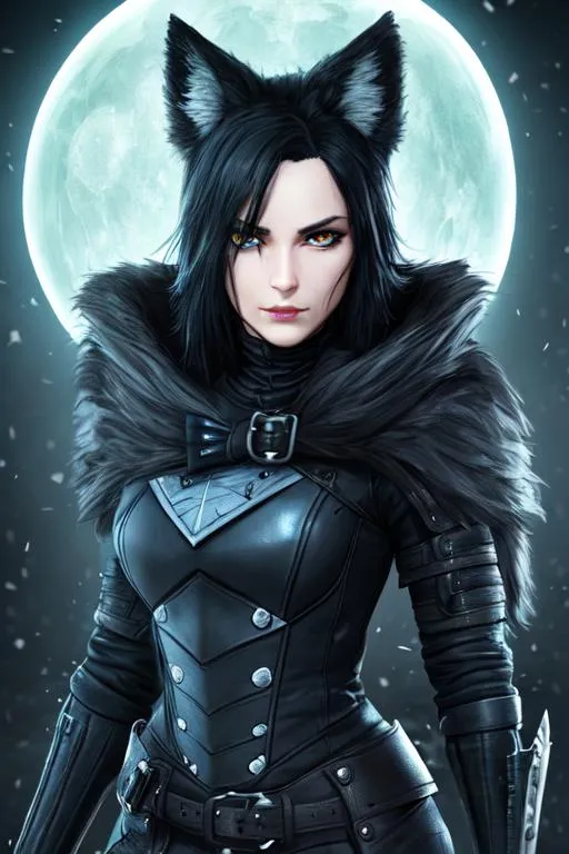 woman, small fluffy wolf ears, black hair, mature, w...