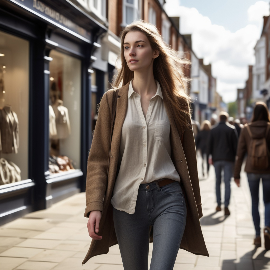 Tall young woman walking down the high street, detai...