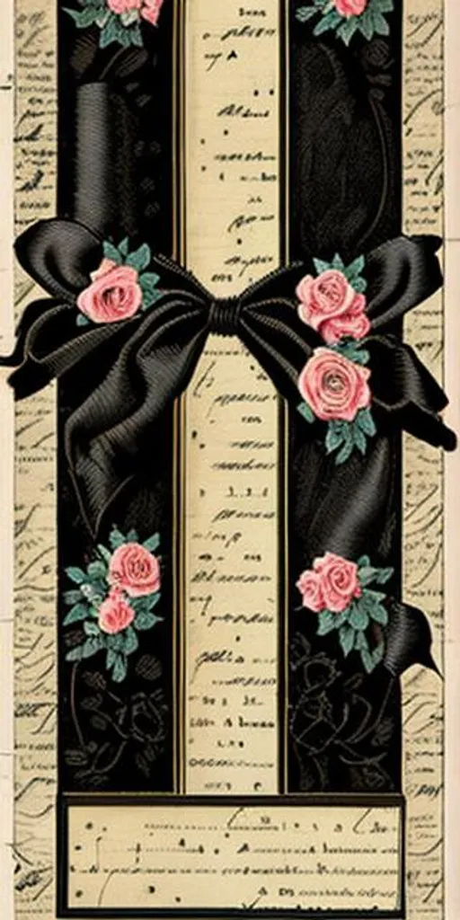 antique paper, long-stemmed black roses, ribbons and...