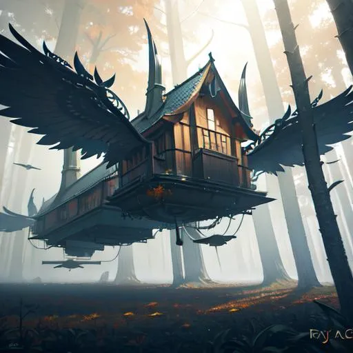 surreal concept art of a strange winged cabin flying... | OpenArt