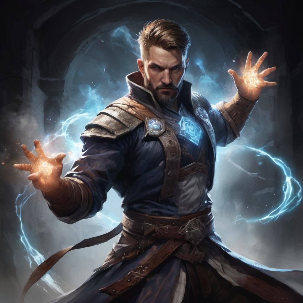 (torso) Male stocky large battle-mage with short-cut...