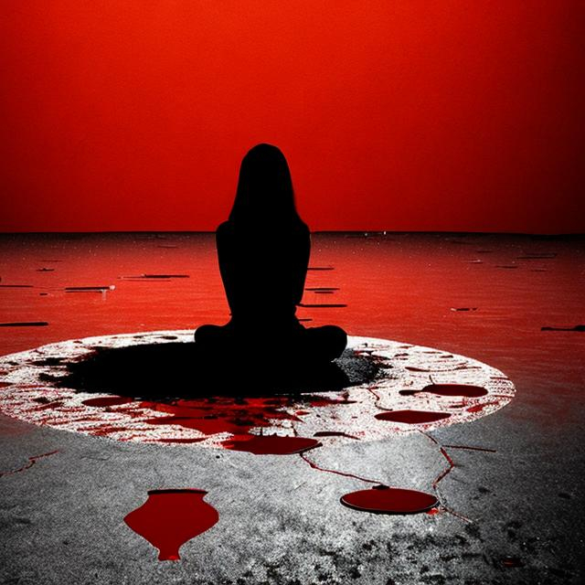 Woman sitting in a puddle of blood, crying sad