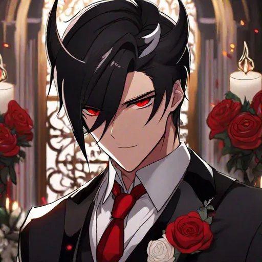 Damien (male, short black hair, red eyes) demon for... | OpenArt