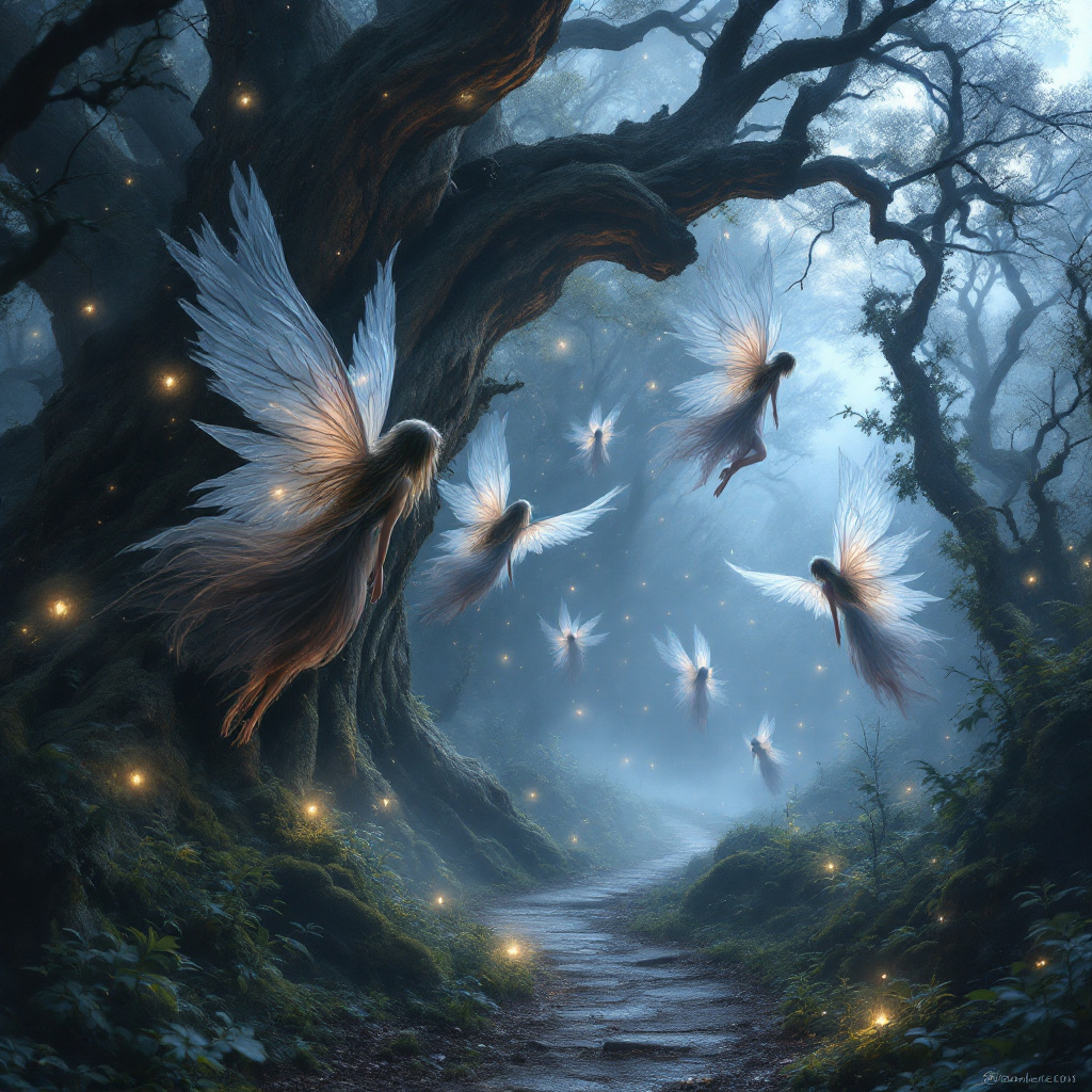 several large beautiful winged female fairies , in d...