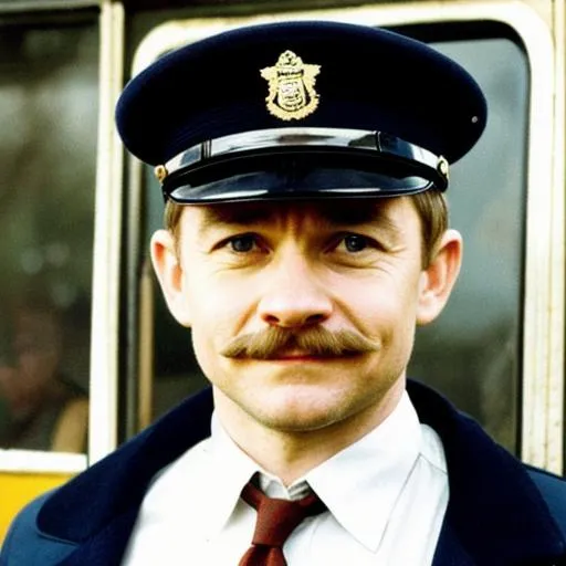 Martin Freeman with a vintage moustache as a bus driver | OpenArt