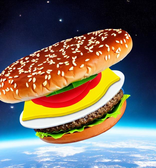 a flying cheeseburger that is in space