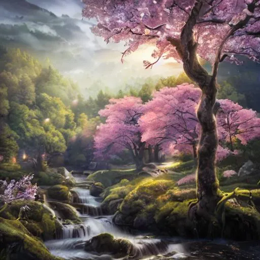 A cherry tree forest with bookshelves and fairy ligh... | OpenArt