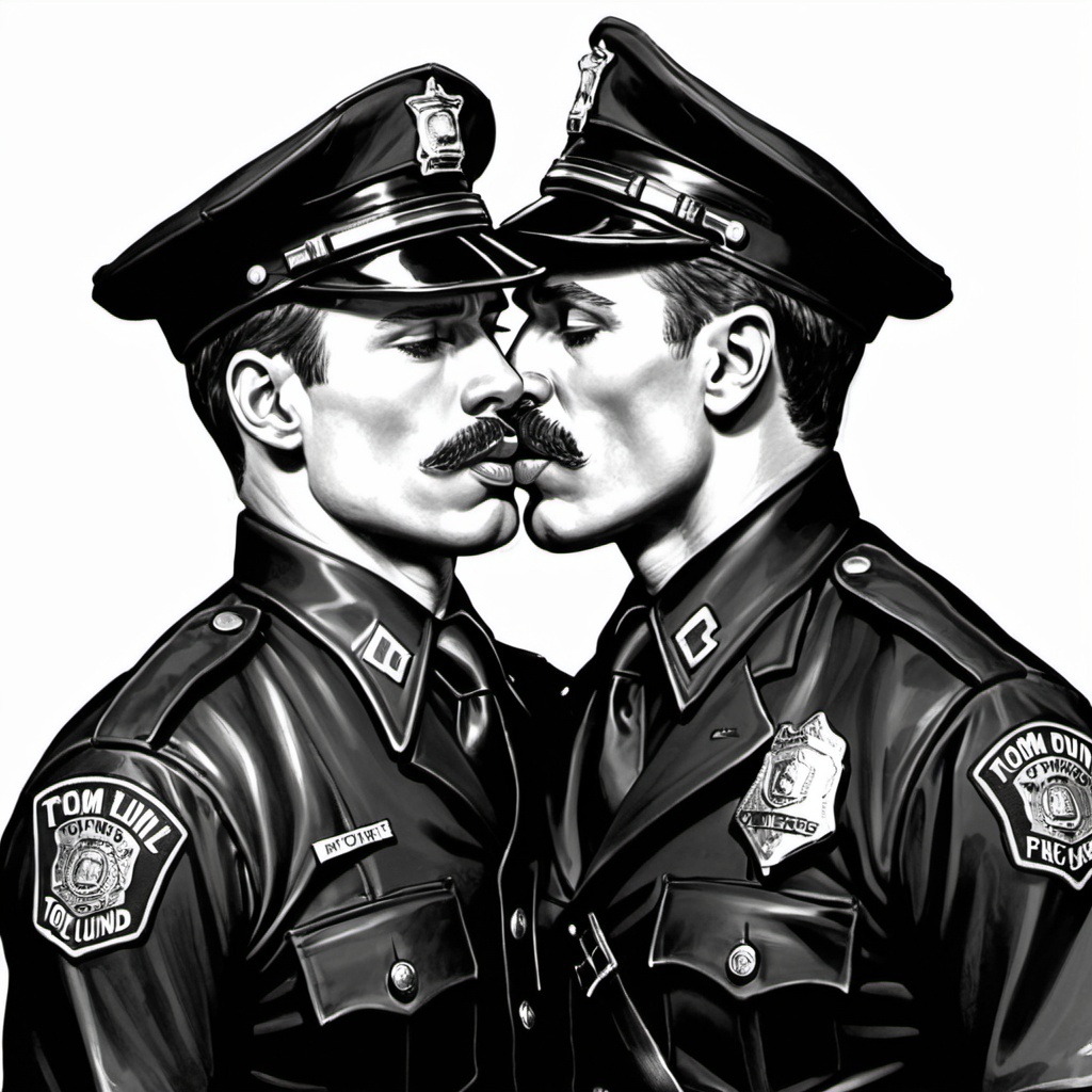 Tom of Finland style drawing of two cops kissing