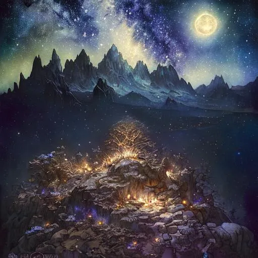 Amazing starry night above the mountains, full Moon,...
