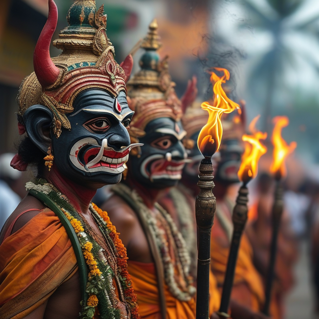 Sri Lankan devil mask dancer facing backwards with f...