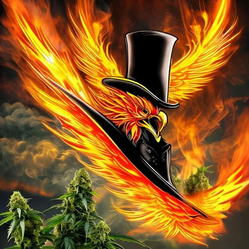 Flaming phoenix wearing a top hat flying over a cann...