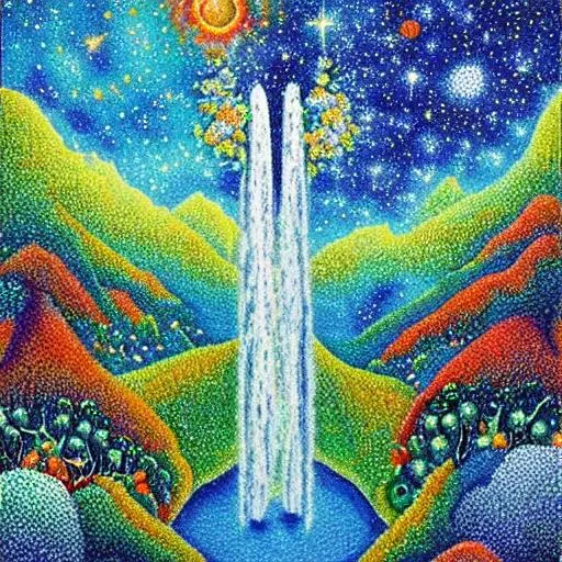 Pointillism painting of The Pilar’s of creation with...