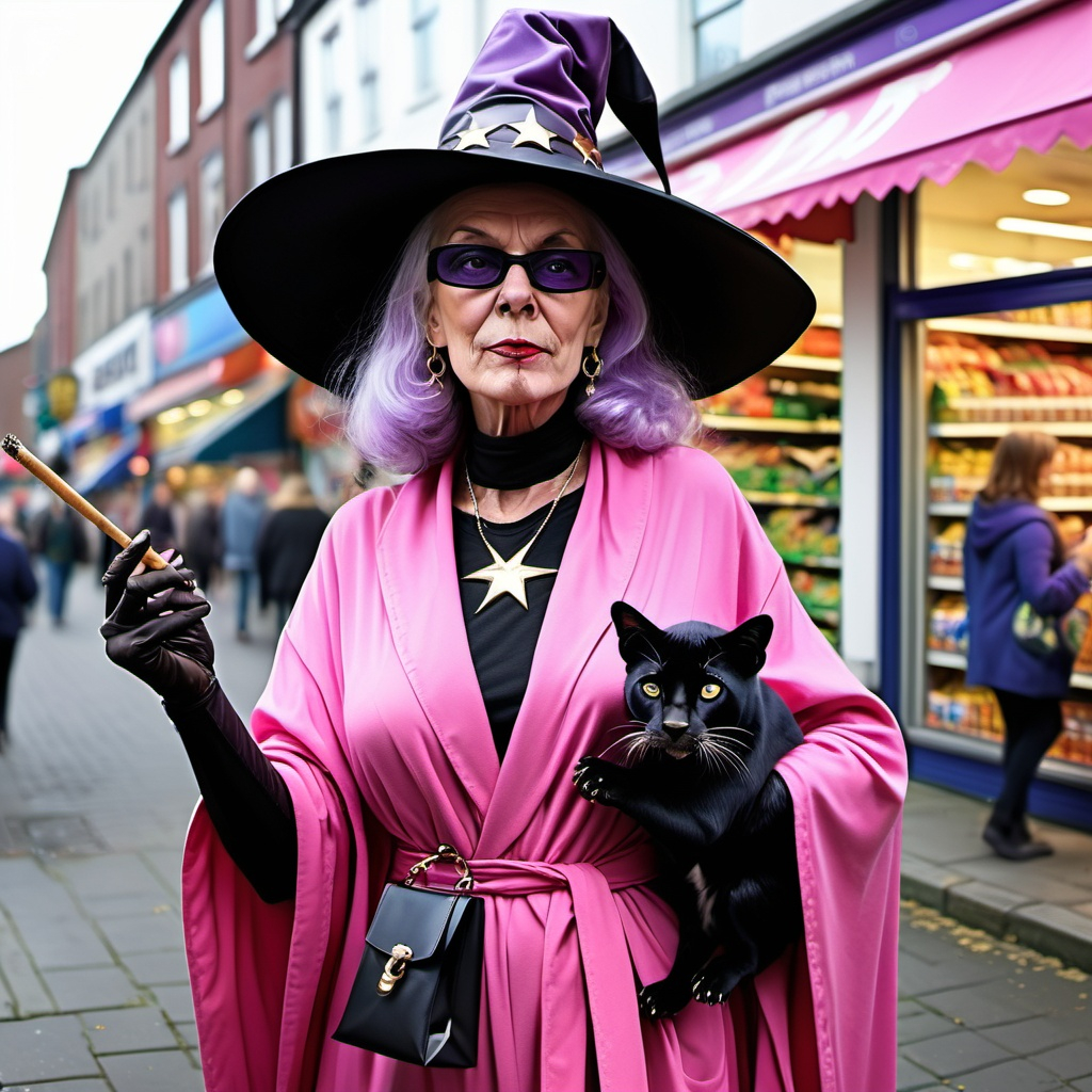 An older elegant WITCH in pink and purple robes wit...