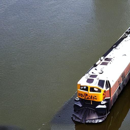 A scary-looking diesel locomotive engine is floating... | OpenArt