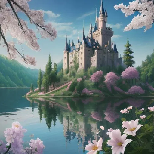 dream castle, beautiful trees and flowers , lake, angel