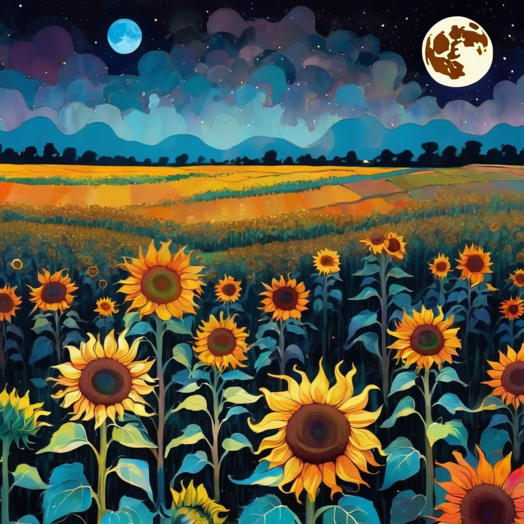 psychedelic sunflowers in a field under the moon