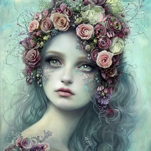 "shabby chic maiden, pale green dress, leaves, pink... | OpenArt