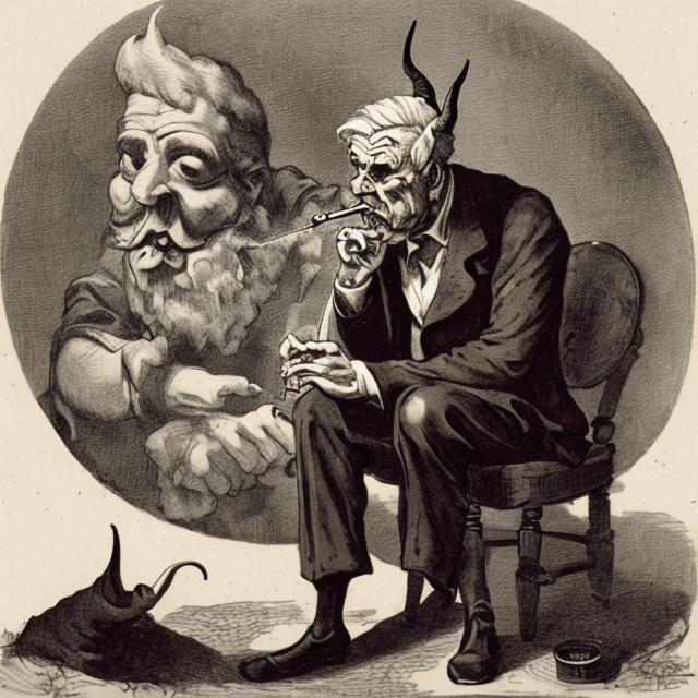 a lonely man smoking a pipe with the devil in his lap | OpenArt