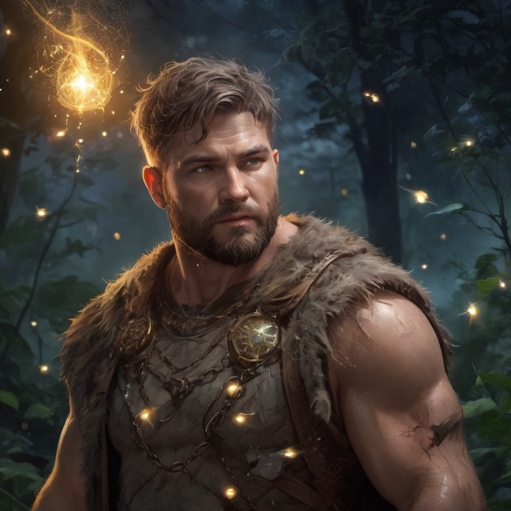 male stocky fat muscular druid with short hair and b...