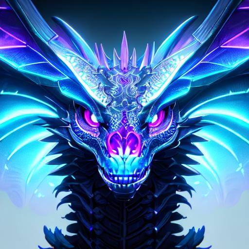 Portrait of a roaring neon skeleton dragon with irid...