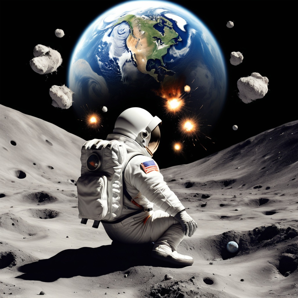 Sad astronaut on the moon, sitting down, head down,...