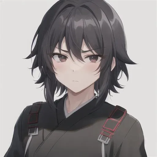 boy, medium hair, ninja without mask, black eye, 15...