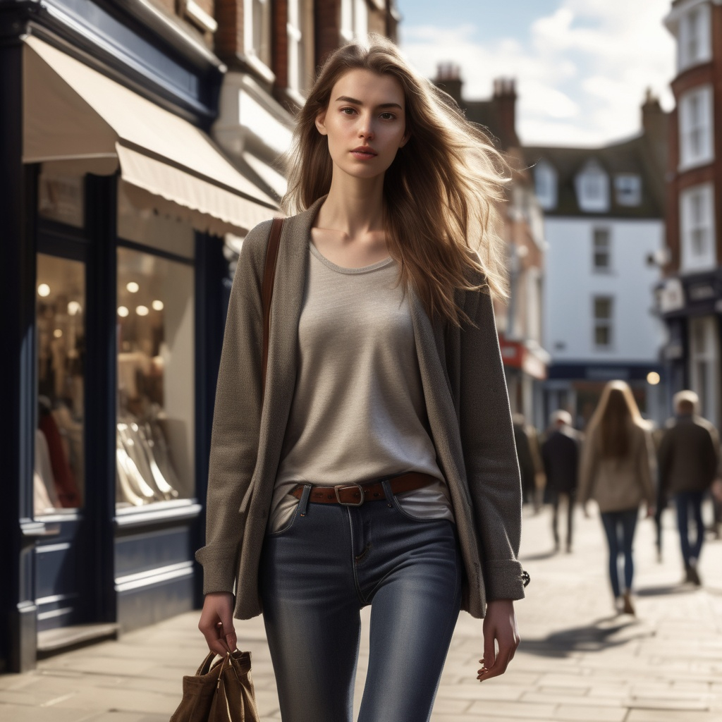 Tall young woman walking down the high street, detai...