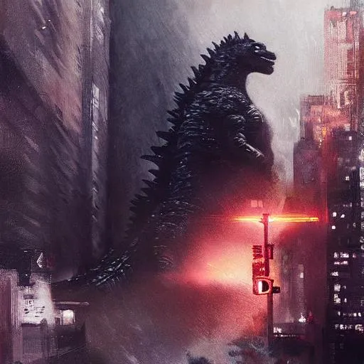 godzilla by jeremy mann, dark cyberpunk style
